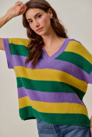 Mardi Gras Vneck Stripe Sweater | Geaux Styles